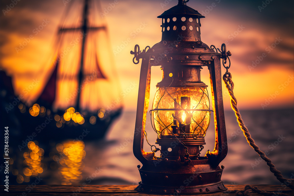 Vintage lit marine lantern with sunset over harbor and sailing ship ...