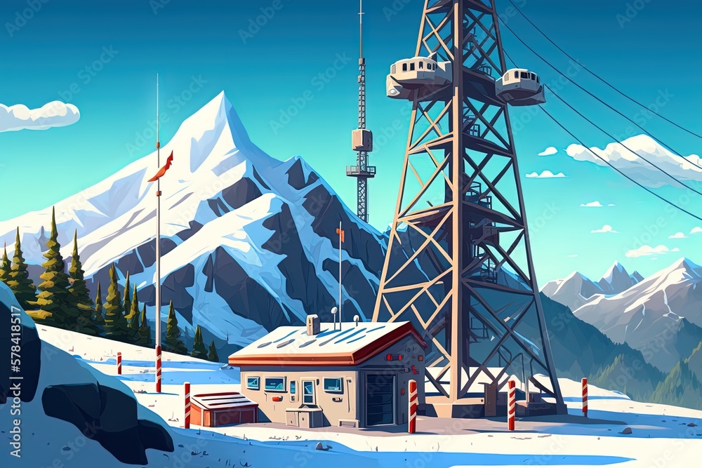 Along the mountain ridges, there is a communications tower complete ...