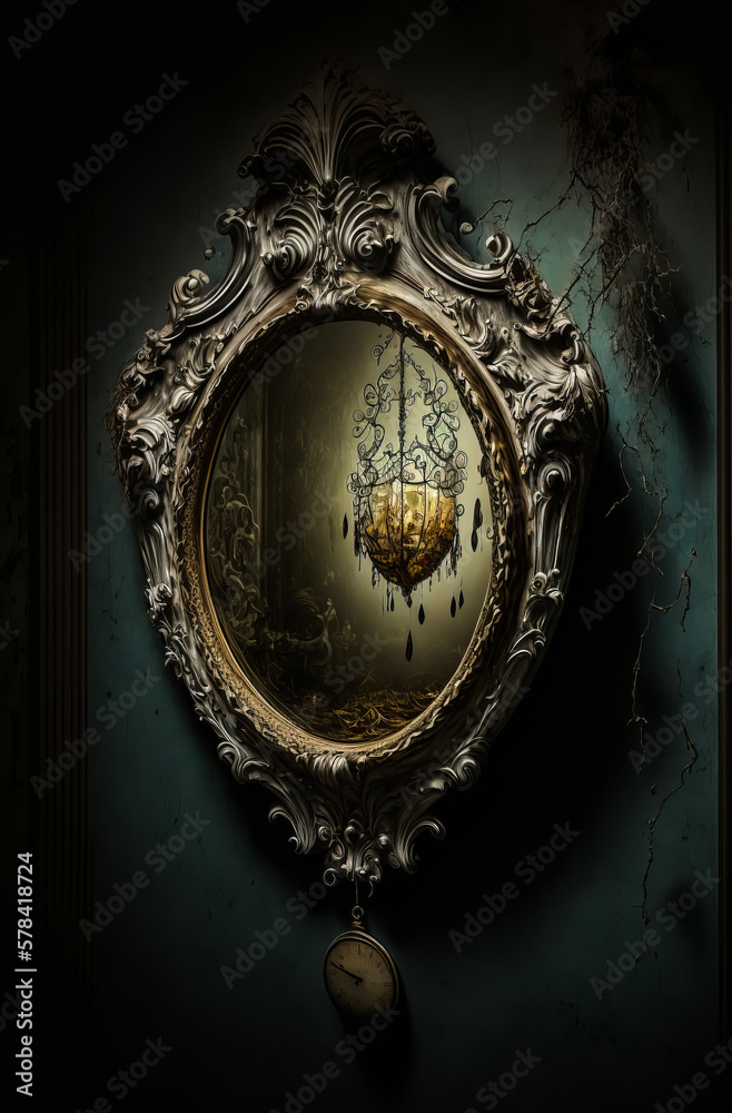 Vintage and very mysterious old baroque mirror in an old haunted house ...