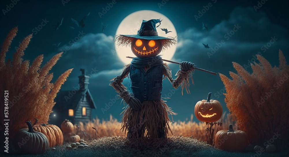 A creepy scarecrow, a monster against the background of the night sky ...