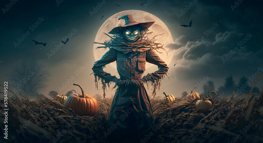 A creepy scarecrow, a monster against the background of the night sky ...