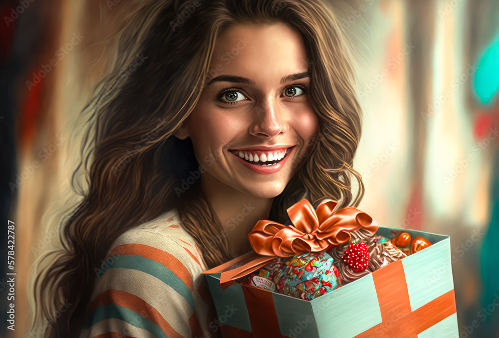 A portrait of an happy attractive young woman with a big gift box full ...