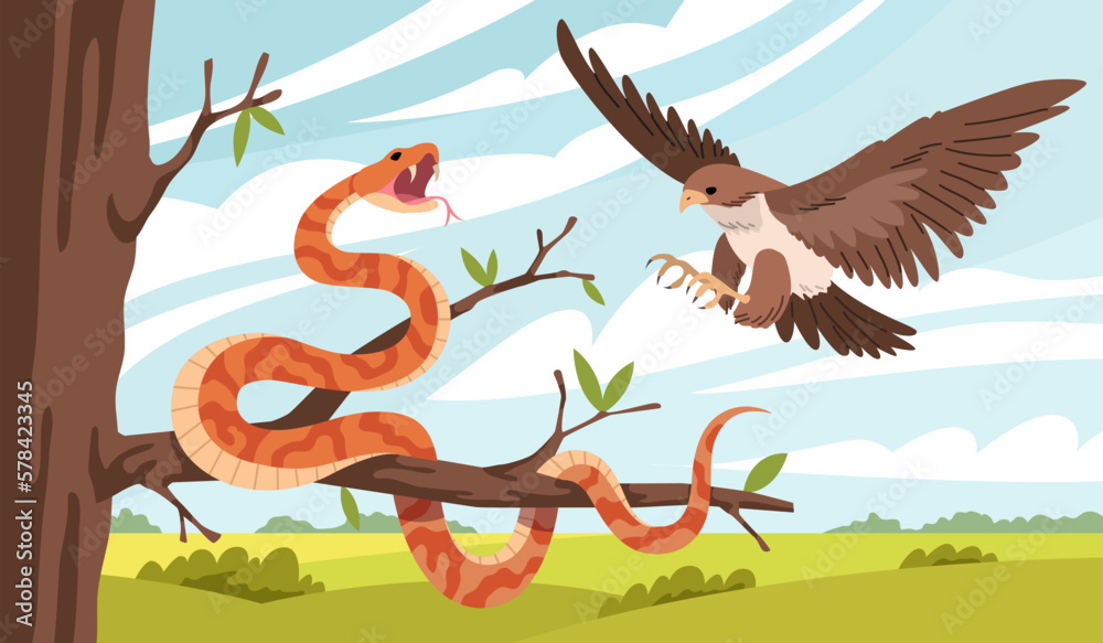 Cartoon snake nature. Eagle attacks snake on tree branch, natural ...