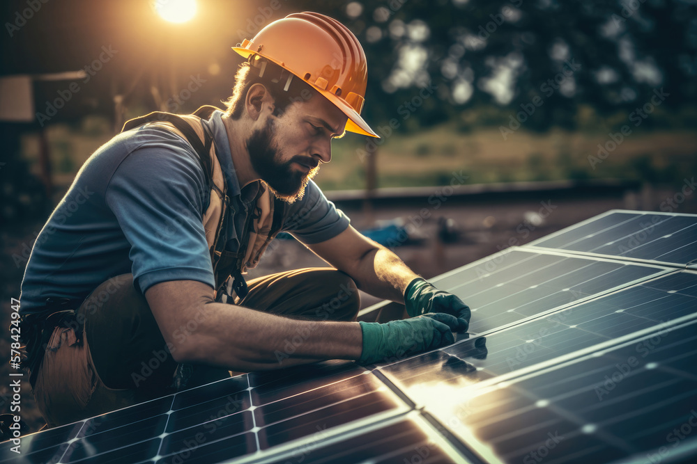 Man worker installing solar photovoltaic panels on roof. Generative AI ...