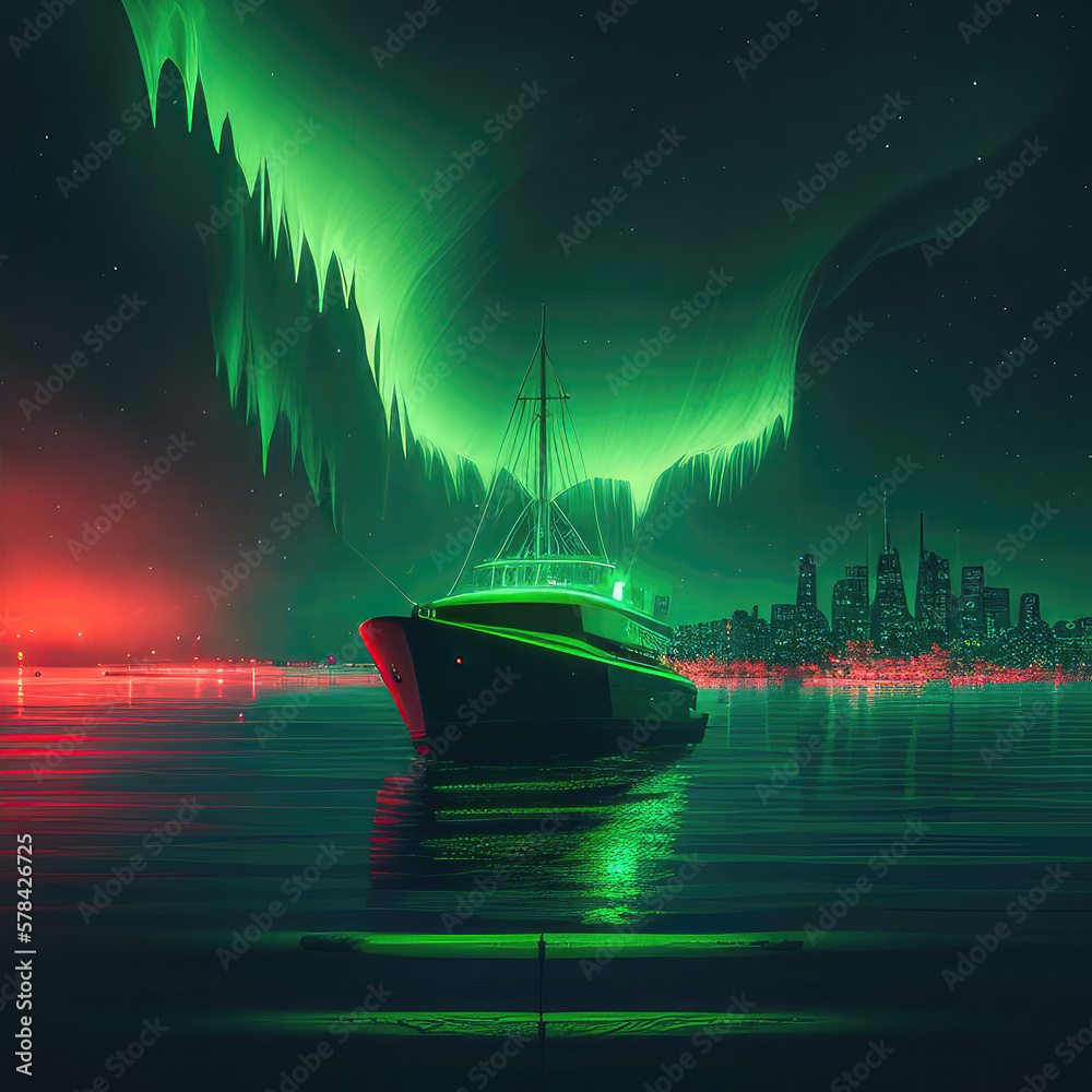 Icebreaking vessel ship in Arctic with background of northern lights or ...