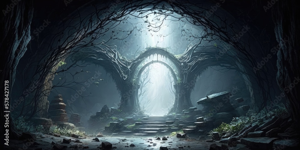 Misty mountain carved cave chamber with mysterious underworld entrance ...