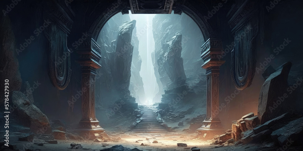 Misty mountain carved cave chamber with mysterious underworld entrance ...