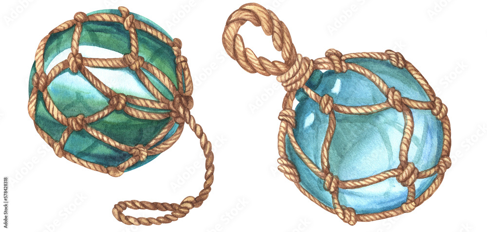 Watercolor nautical illustrations. Drawing of glass floats on ...
