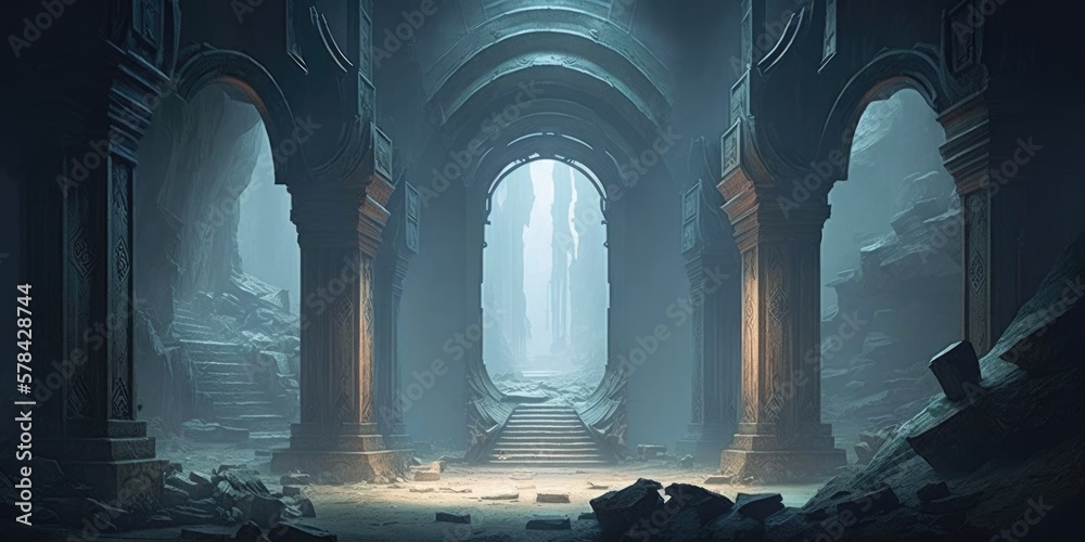 Misty mountain carved cave chamber with mysterious underworld entrance ...