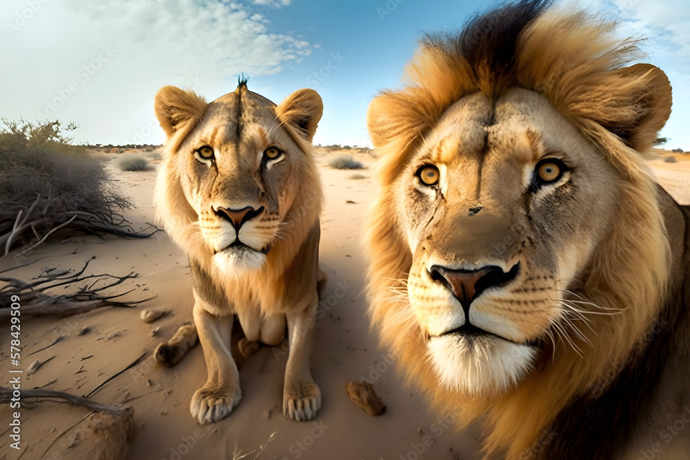 Lew i Lwica na sawannie patrzą przed siebie. Ujęcie Lwów z bliska ...