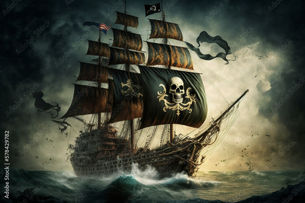 A pirate ship setting with elements such as rough Generative AI Stock ...