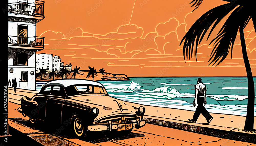 illustration of a typical street in the malecon of havana (Cuba) with a ...