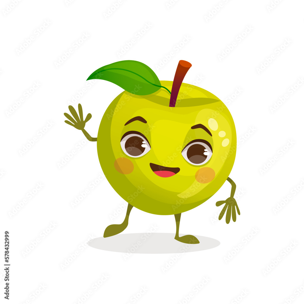 Cartoon character fruit - Apple. Fruit with face, arms and legs. Vector ...