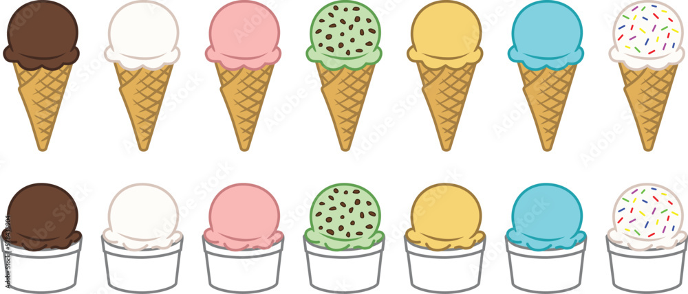 Ice Cream with Flavors in Cones & Cups Clipart Stock Vector | Adobe Stock
