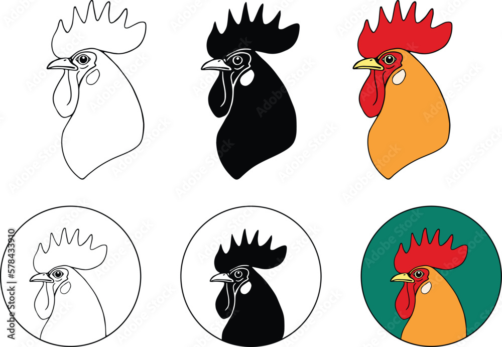 Rooster Head Clipart Set - Outline, Silhouette & Color Stock Vector ...