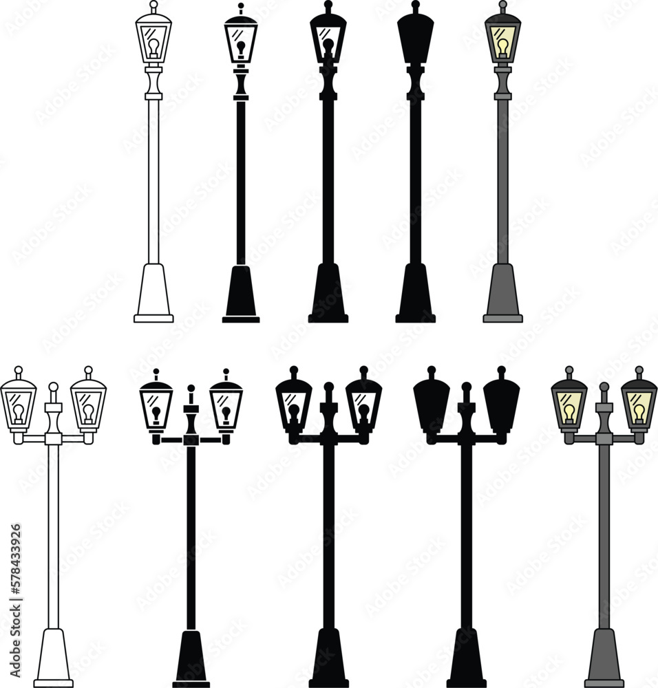 Street Lamp Post Clipart Set - Outline, Silhouette and Color Stock ...