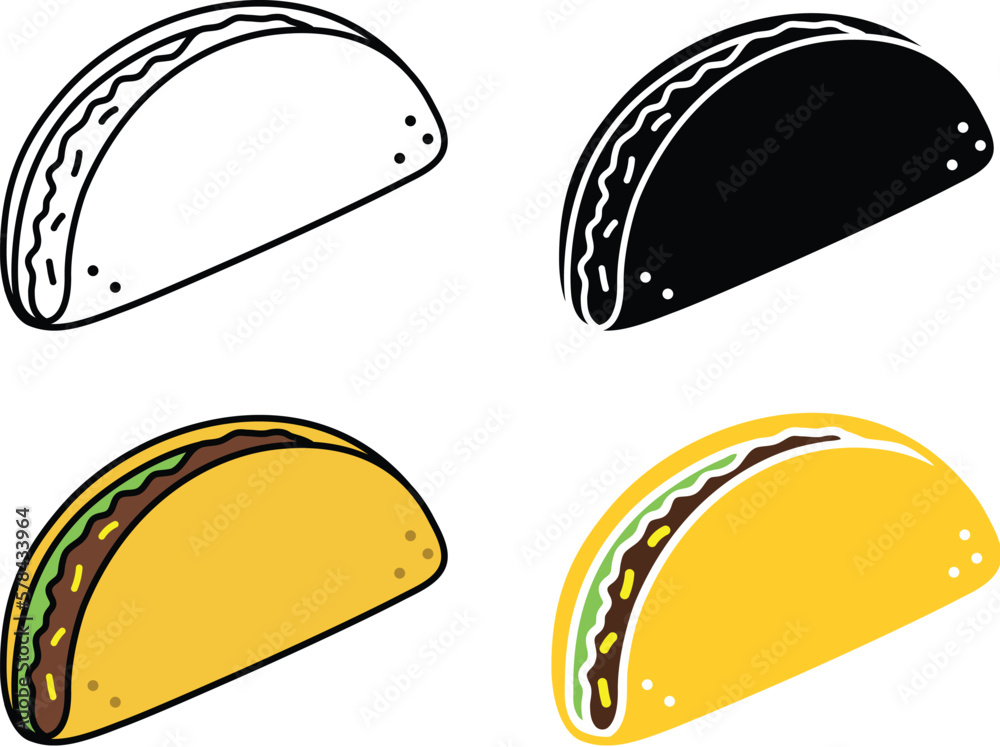Simple Taco clipart Set - Outline, Silhouette and Color Stock Vector ...