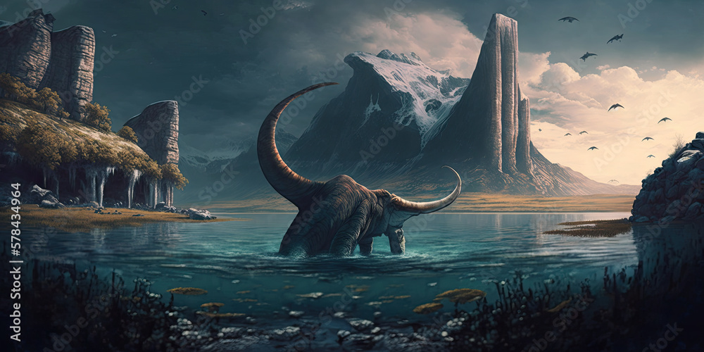A stunning depiction of a prehistoric world with towering mountains, a ...