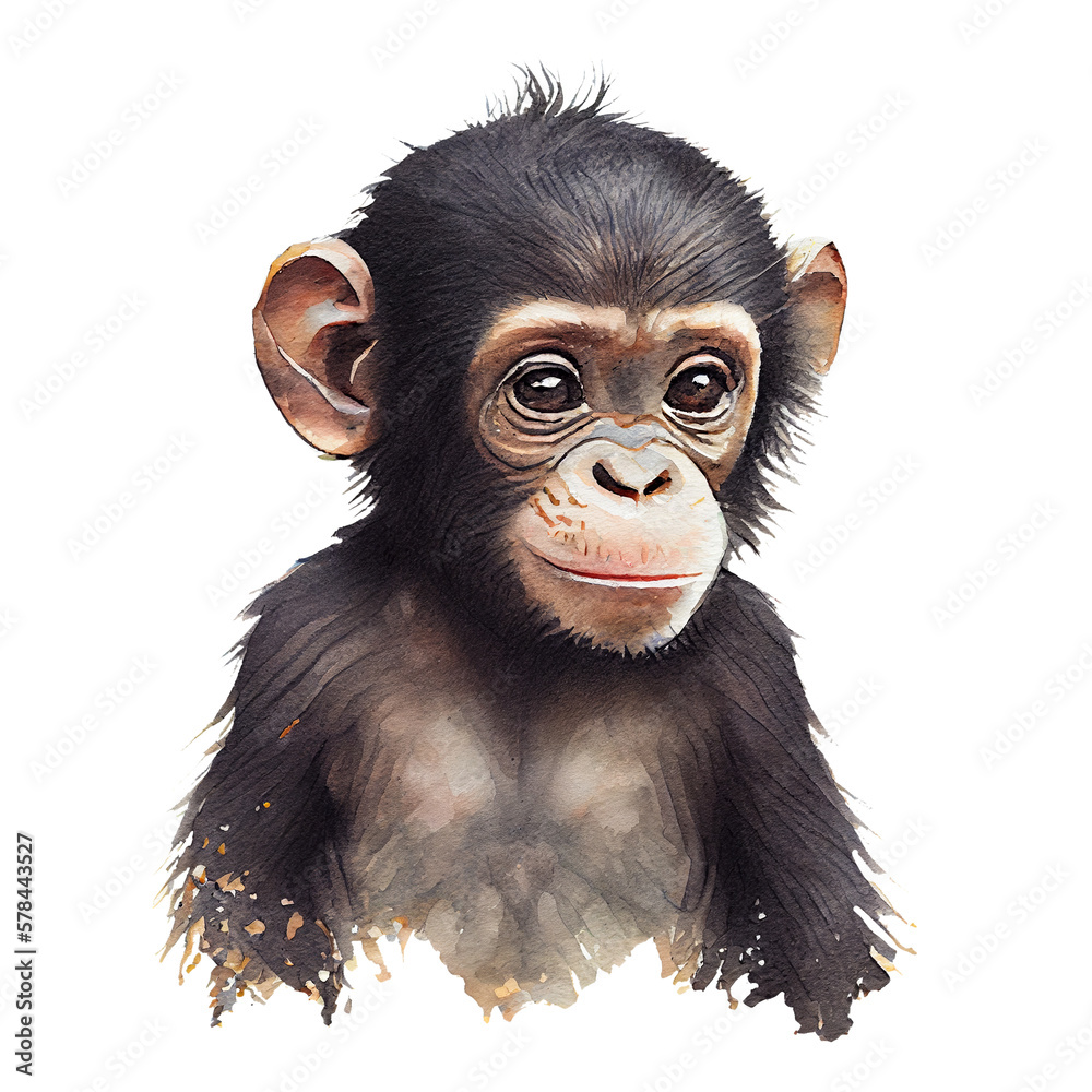 Watercolor of a cute chimpanzee cub portrait isolated on white or ...