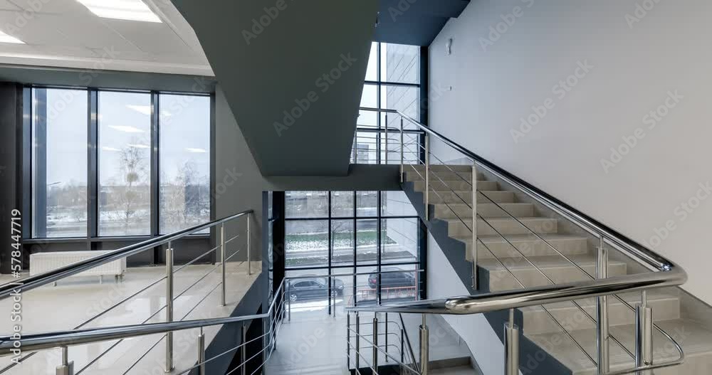 loop rotation and panoramic view in empty modern hall with emergency ...