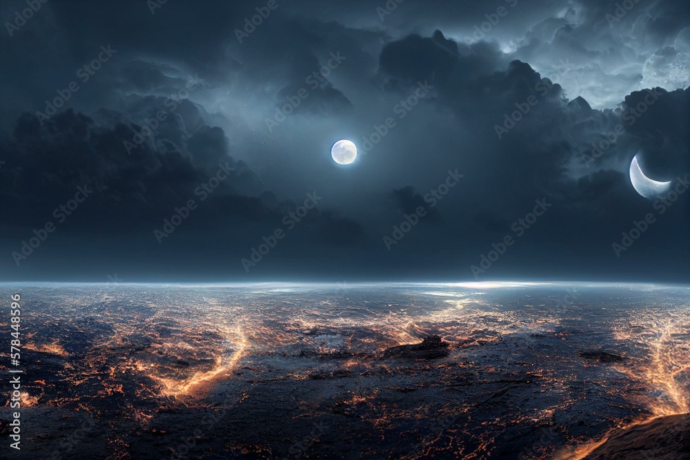 3D rendering. Dark sky with thunderstorm clouds and bright moon ...