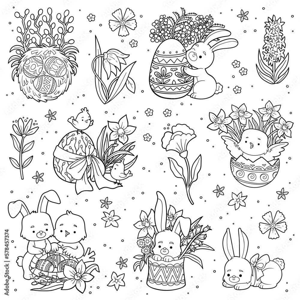 Set of cartoon Easter characters and objects. Coloring page with cute ...