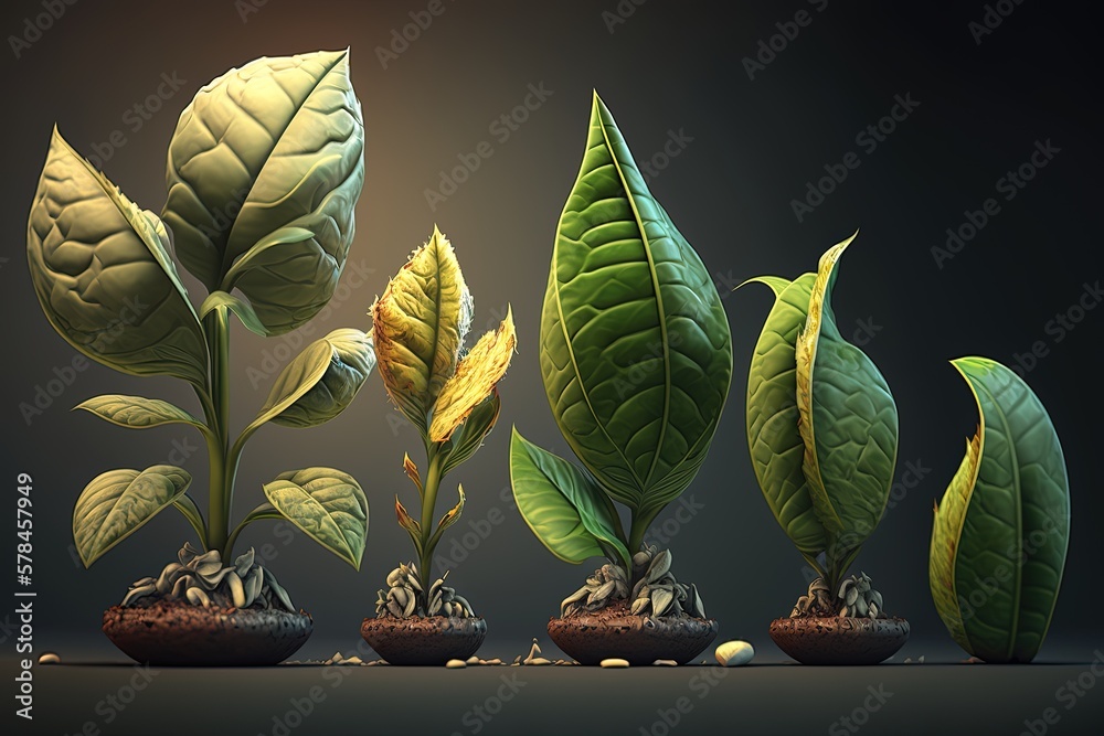 Different stages of plant growth, lined plants of various sizes ...