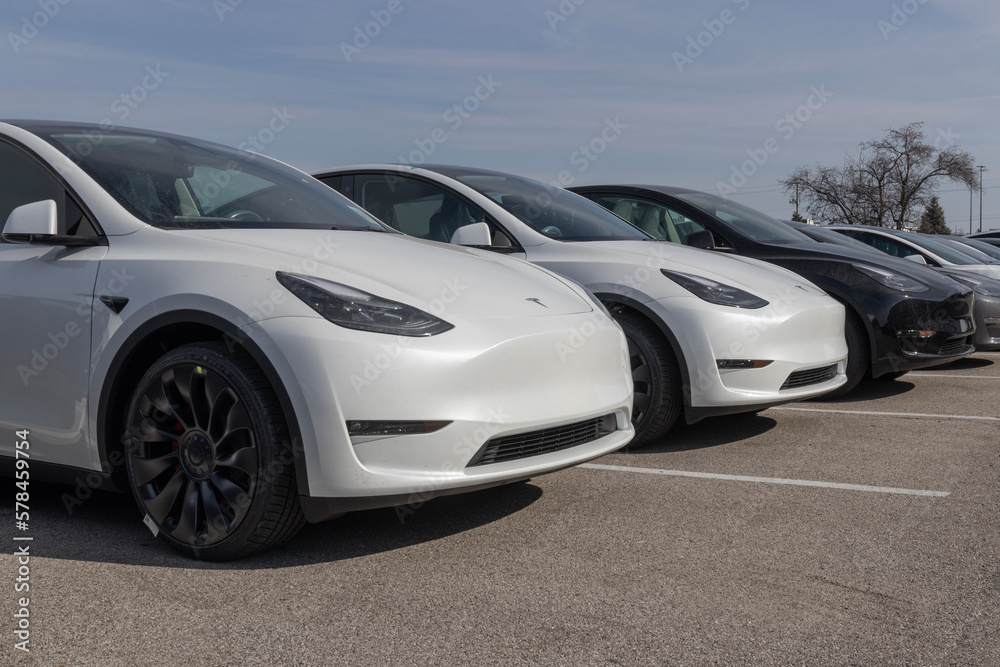 Tesla EV electric vehicles on display. Tesla products include electric ...