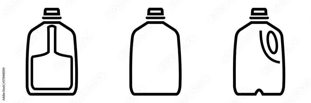 Set of plastic milk jug pictograms in different angles. Back, front ...