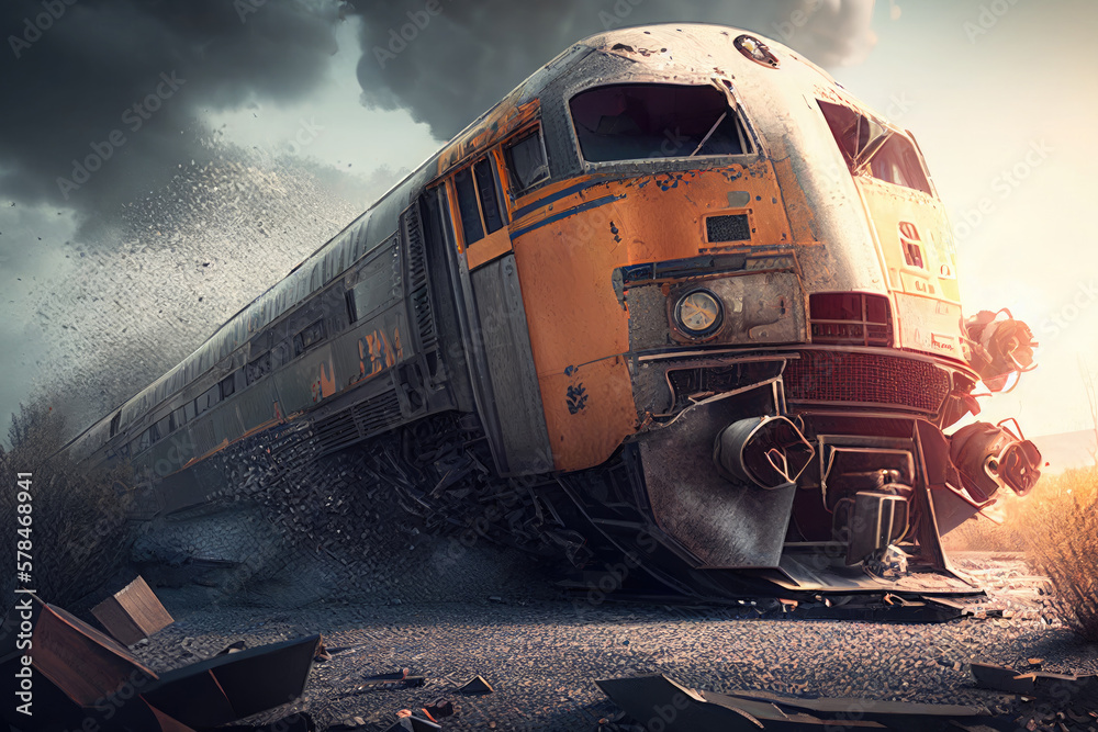 Passenger train crash accident. Broken wagons and damaged locomotive on ...