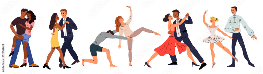 Cartoon dancing couples. Different types modern dances. Professional ...