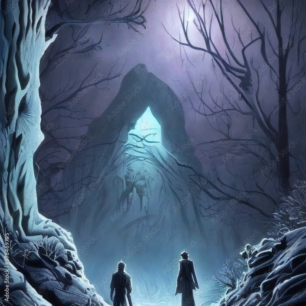 Poster, Foto Mystical Mountain Cave Fantasy Illustration Of Two People ...