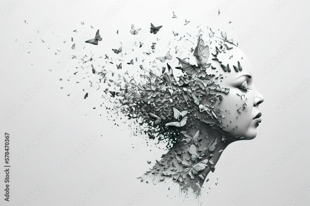 Symbolizing boundless knowledge, female face with butterflies on grey ...