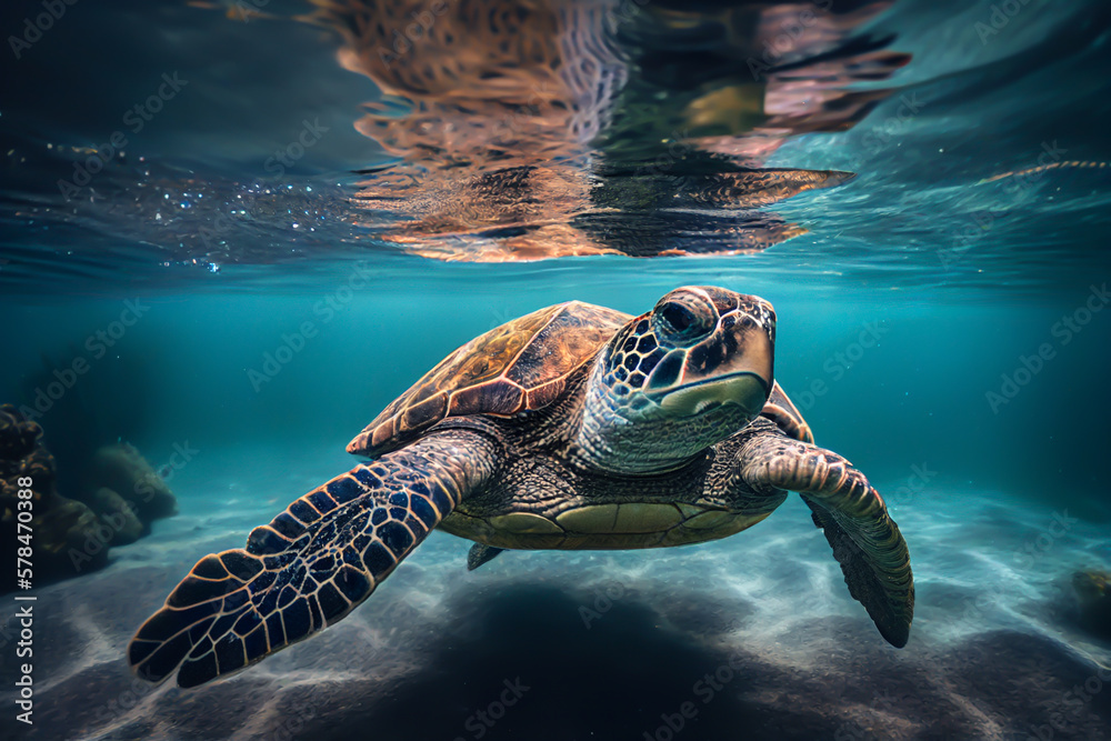 Turtle underwater in the sea. Sea Turtle swims underwater. Green sea ...