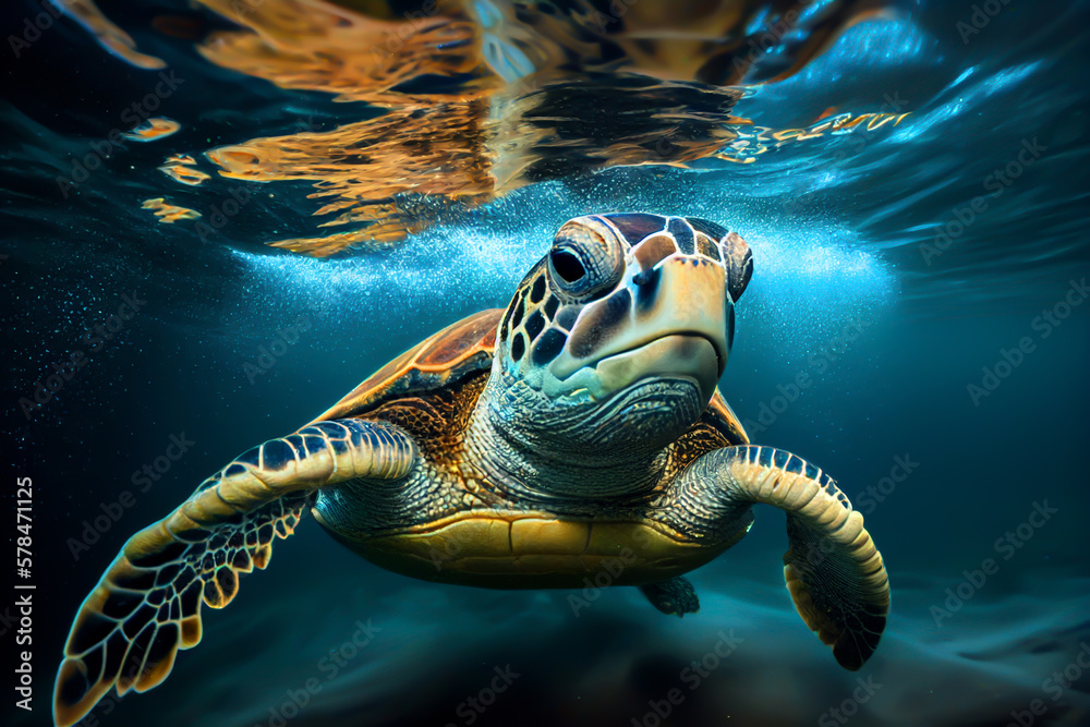 Turtle underwater in the sea. Sea Turtle swims underwater. Green sea ...