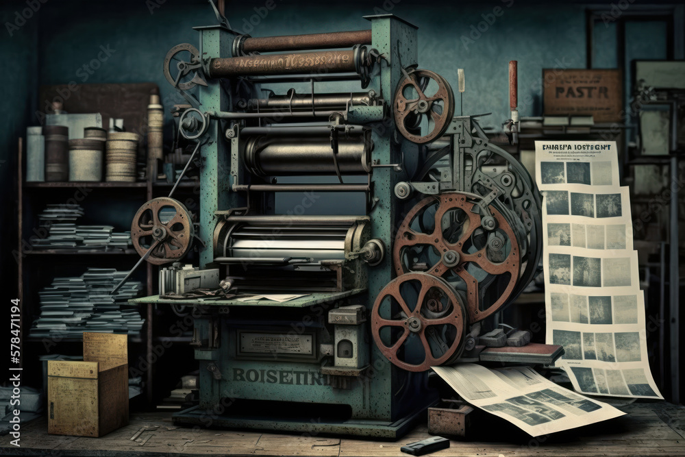 Old press printing press. Created with generative AI technology. Stock ...