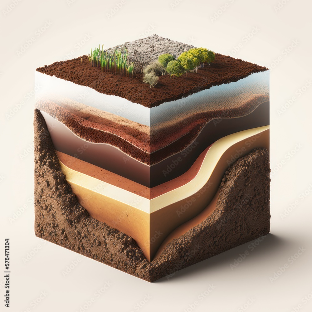 Soil layers study farm, soil slice, humus, clay, sand and stones ...