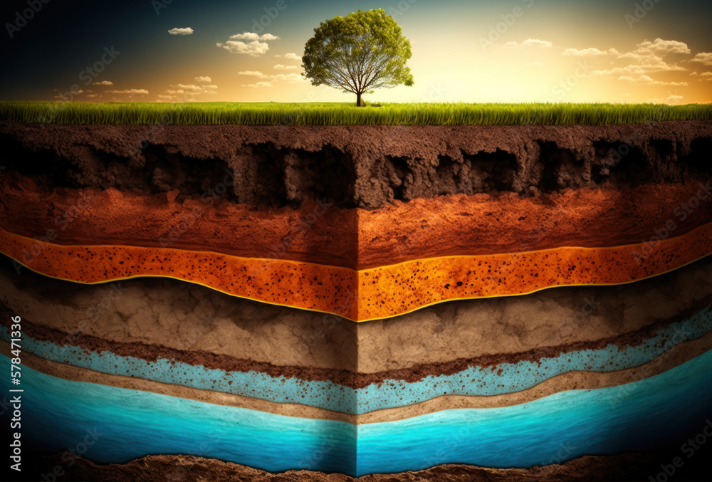 Soil layers study farm, soil slice, humus, clay, sand and stones ...