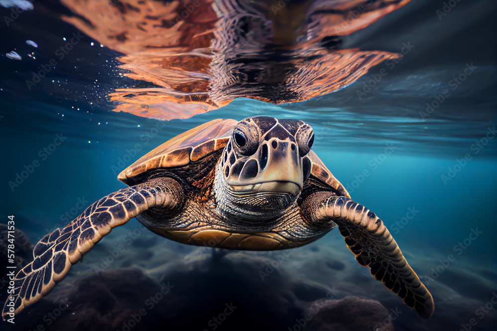 Turtle underwater in the sea. Sea Turtle swims underwater. Green sea ...