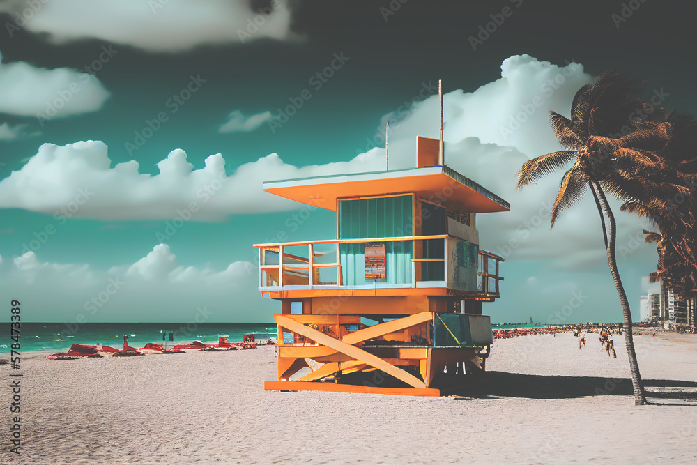 Lifeguard tower on beach. Miami Beach with lifeguard tower. Rescue ...