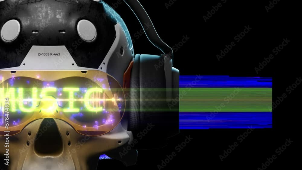 screen installations with a music theme. stylized human skull in ...