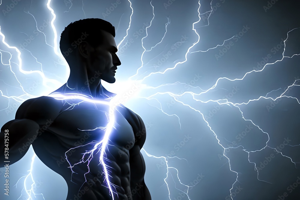 Man In Lightning Flashes, Body Silhouette With Inner Energy. Generative ...