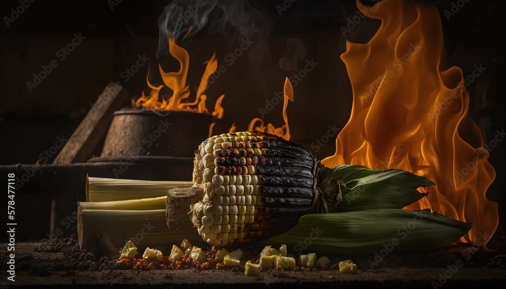corn on the cob is being cooked in front of an open fire with flames ...