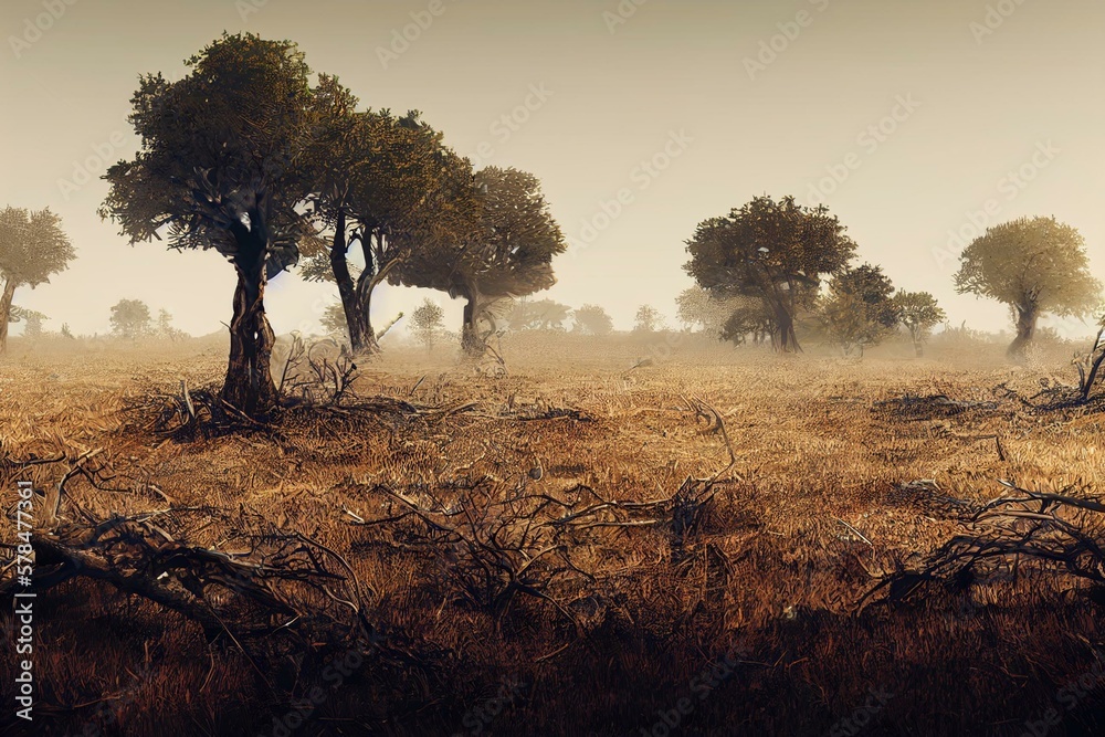 Barren landscape fith crached dried soil, abandoned farm and dead tree ...
