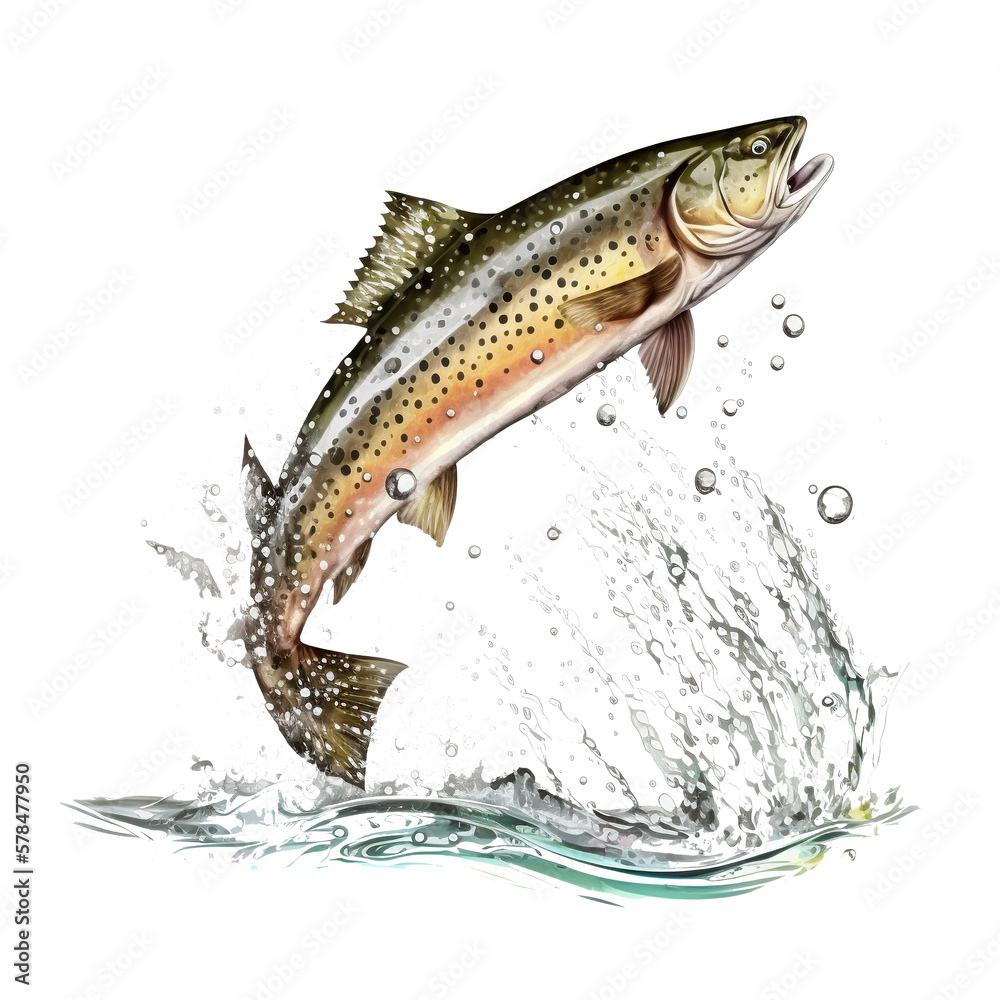 an illustration of a jumping trout with water splashes on transparent ...