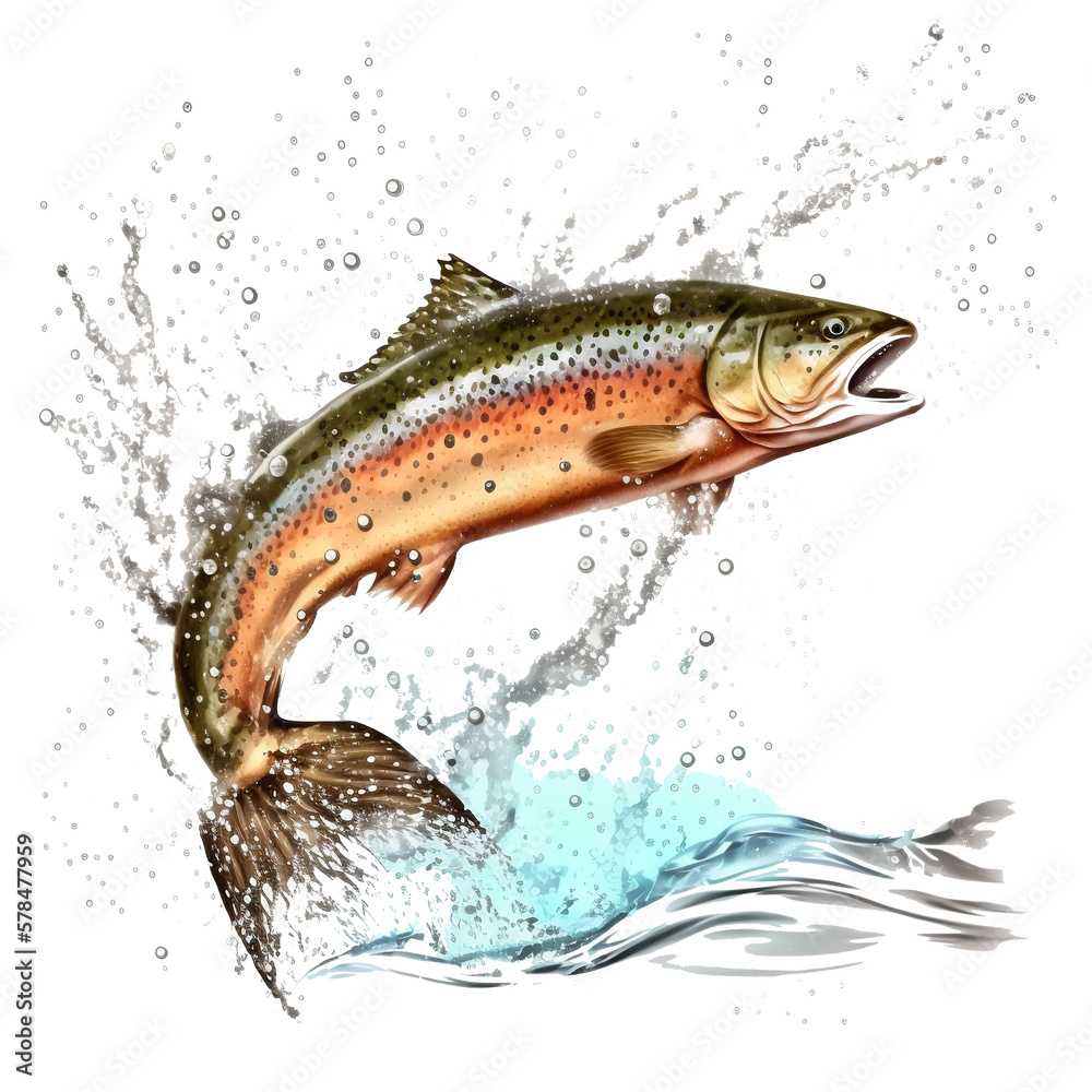 an illustration of a jumping trout with water splashes on transparent ...