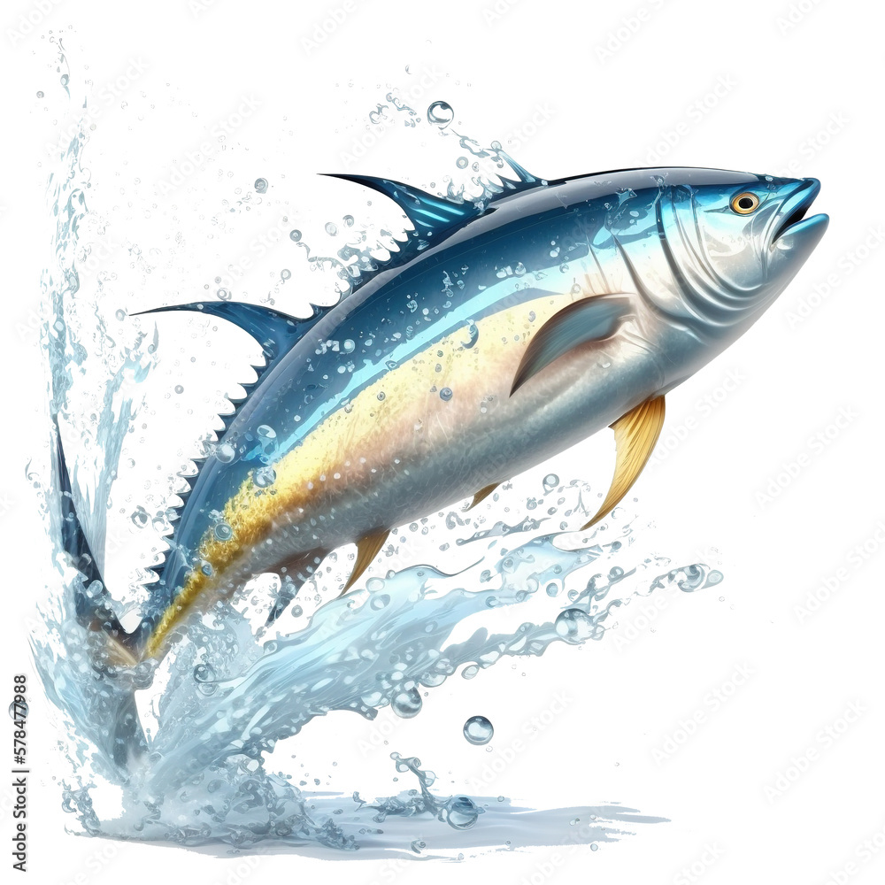 an illustration of a jumping tuna fish with water splashes on ...