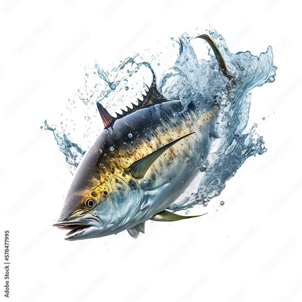 an illustration of a jumping tuna fish with water splashes on ...
