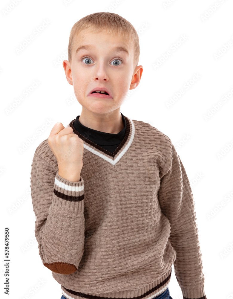 Aggressive little schoolboy making fight threat at camera, shaking fist ...