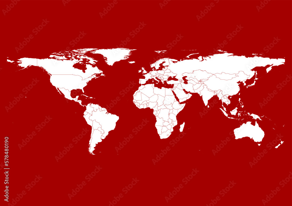 Vector world map - with Dark Candy Apple Red color borders on ...